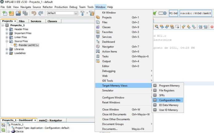 Crear proyecto en MPLAB y código para ON y OFF led - UNIT Electronics